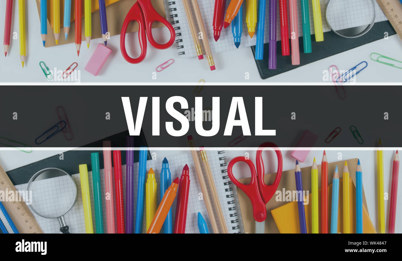 visual with School supplies on blackboard Background. visual text on ...