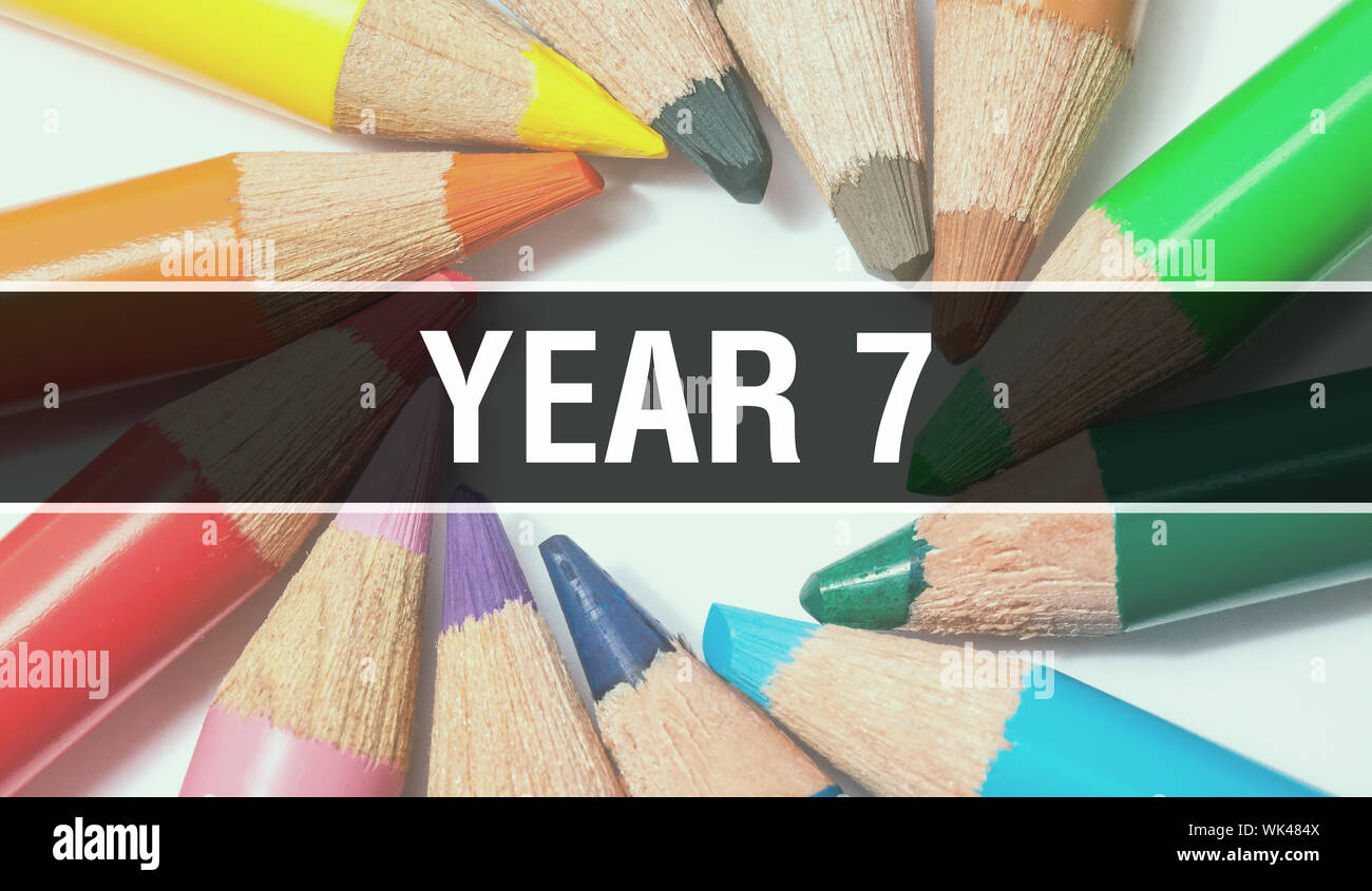 Year 7 concept banner with texture from colorful items of education ...