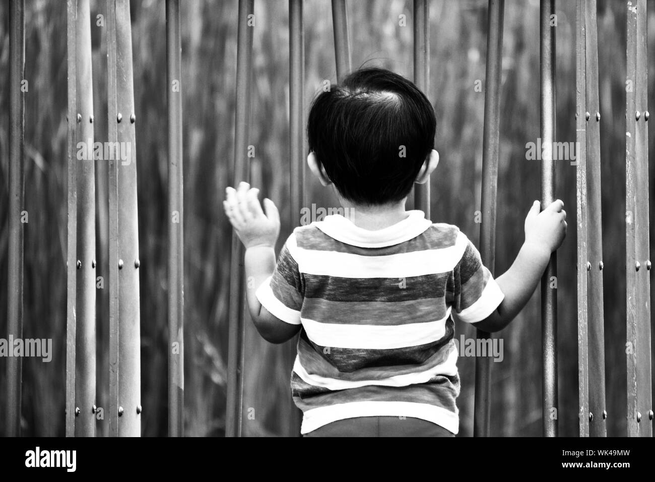 Rear View Of Boy Standing By Gate Stock Photo - Alamy