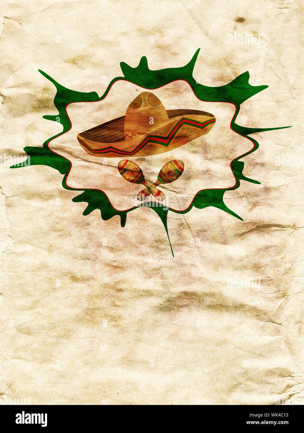 Mexican straw hat sombrero and decorative maracas, paper textured Stock ...