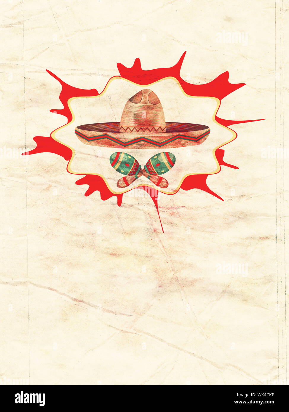 Mexican straw hat sombrero and decorative maracas, paper textured Stock ...