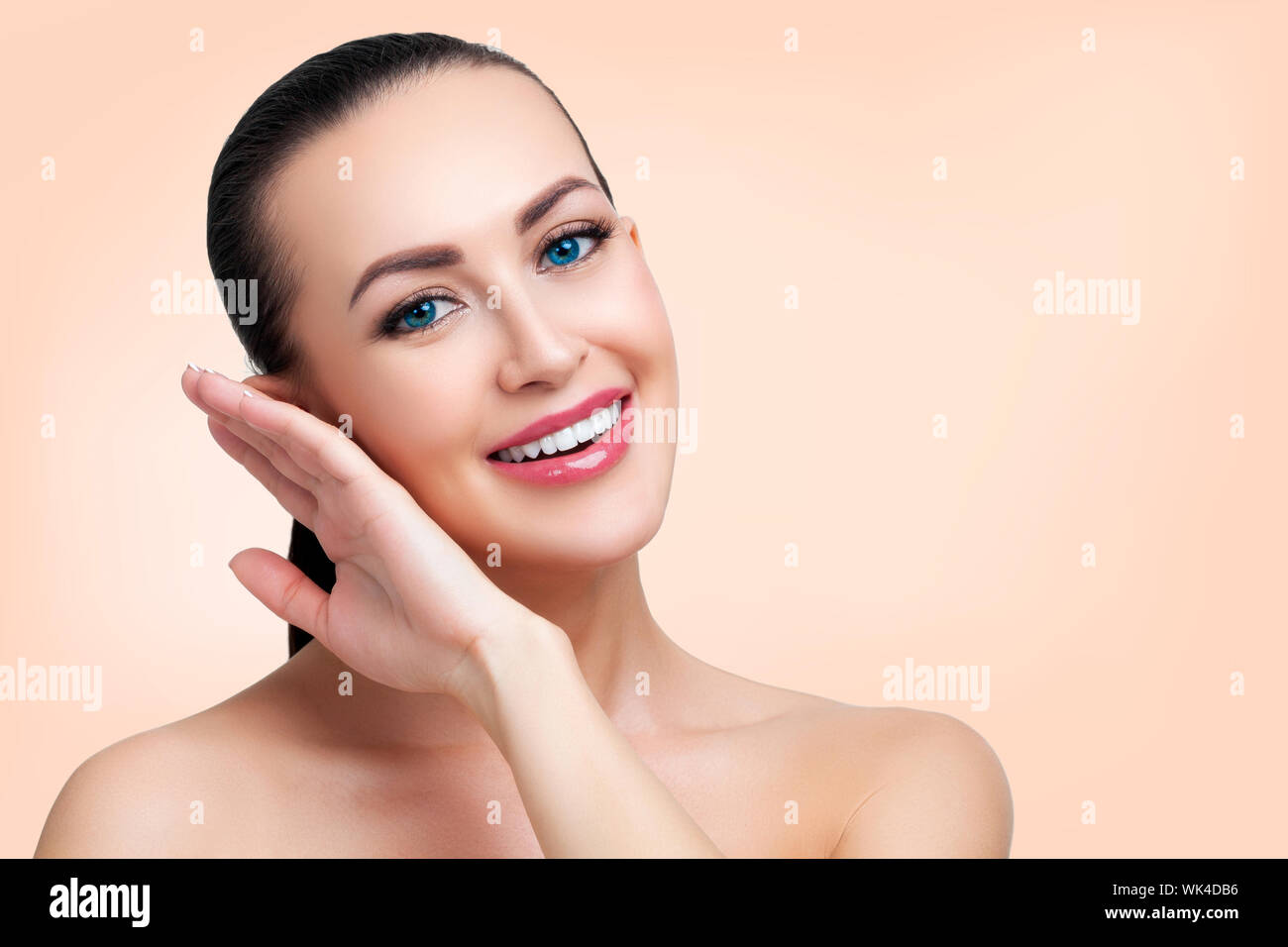 Closeup portrait of pretty woman with beautiful face and perfect skin ...