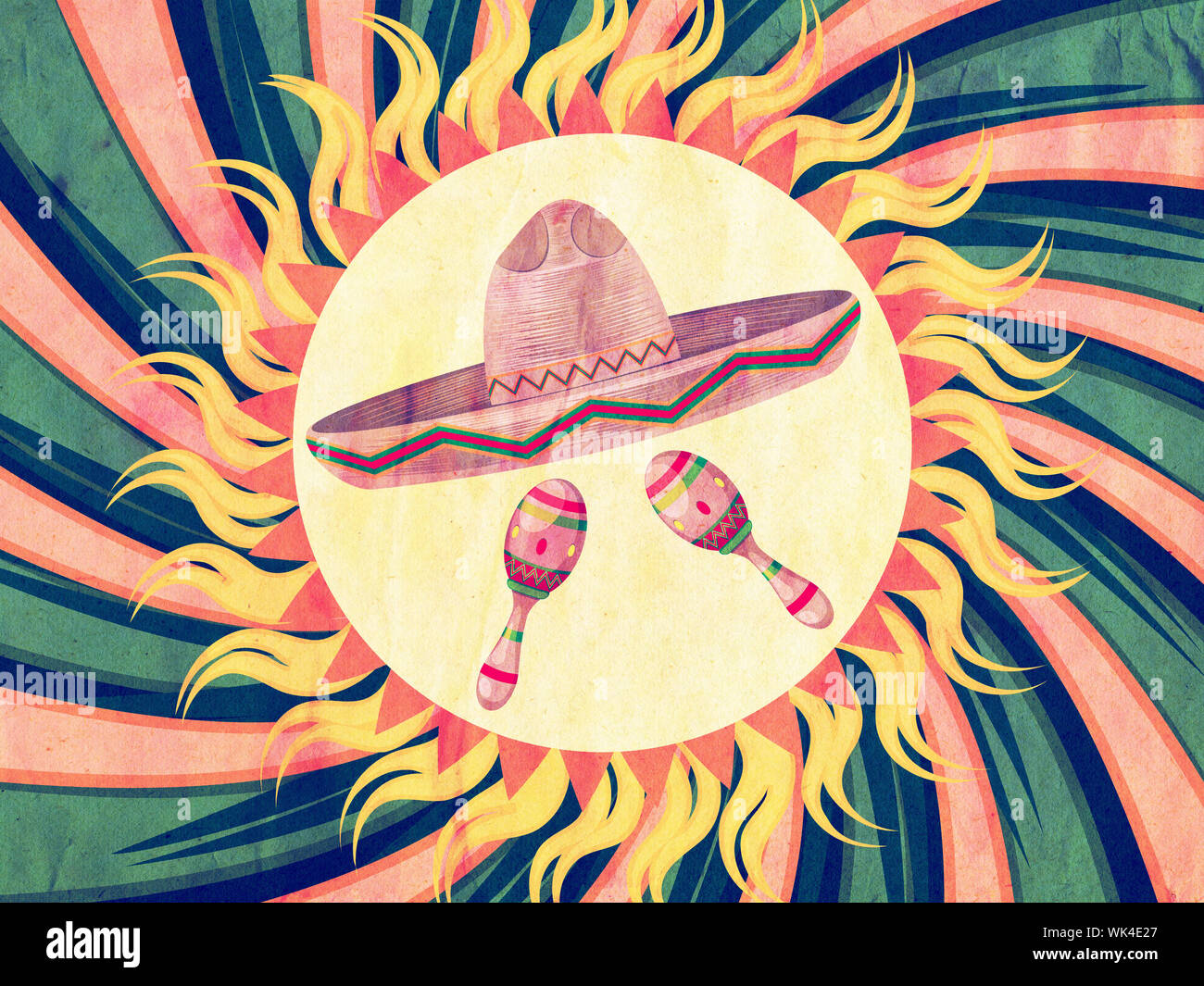 Mexican straw hat sombrero and decorative maracas, paper textured Stock ...