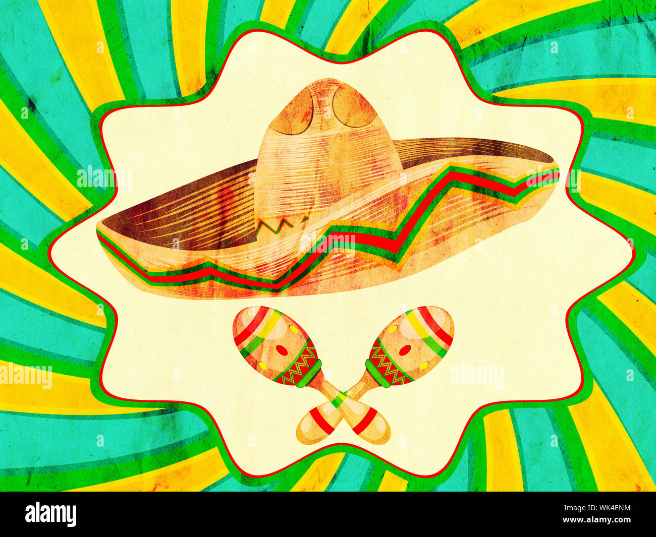 Mexican straw hat sombrero and decorative maracas, paper textured Stock ...