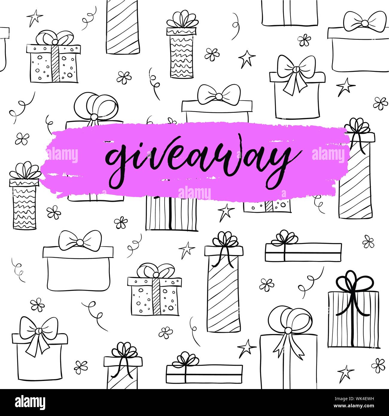 Vector giveaway card for blogs. Background with hand drawn gift boxes ...