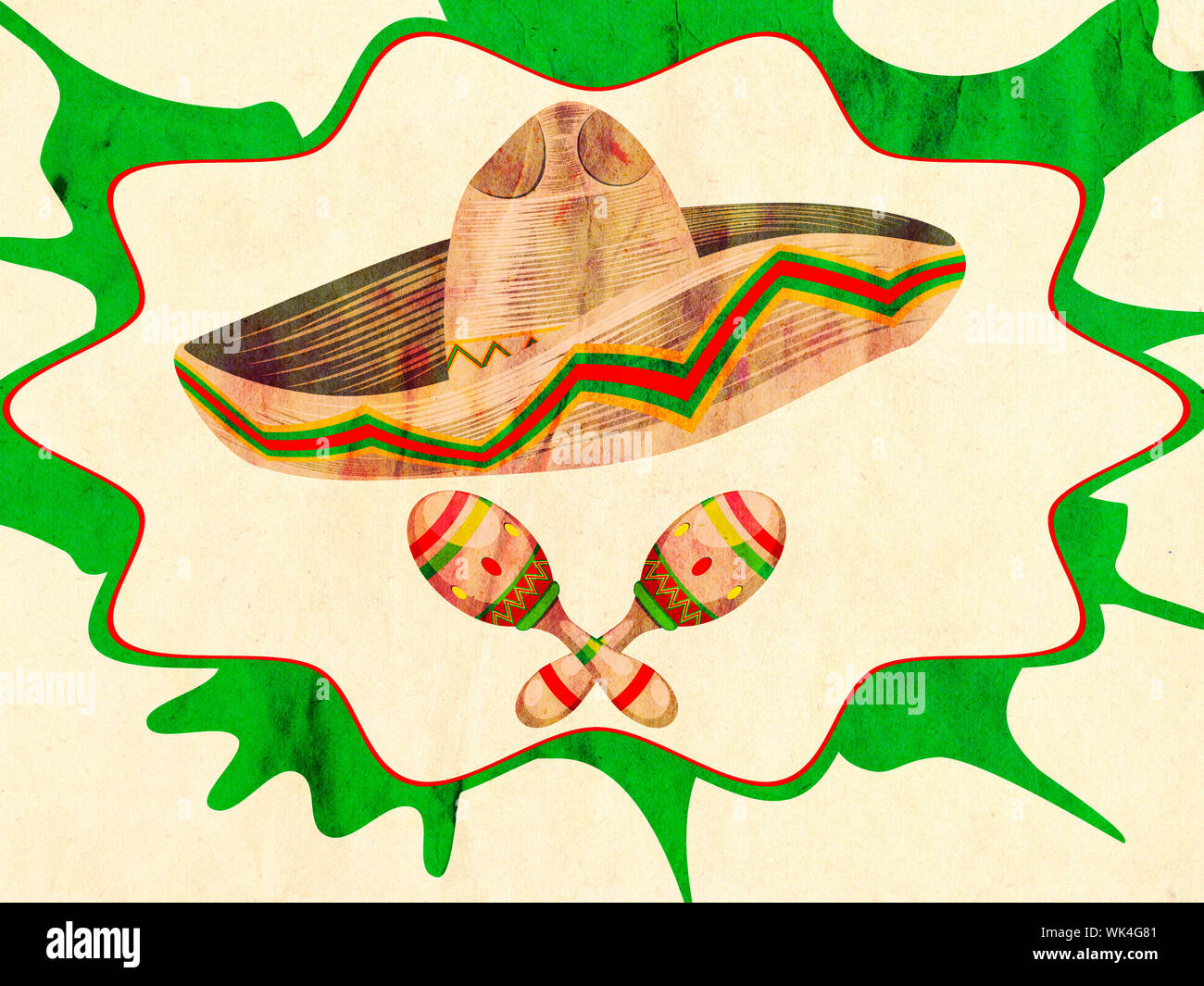 Mexican straw hat sombrero and decorative maracas, paper textured Stock ...