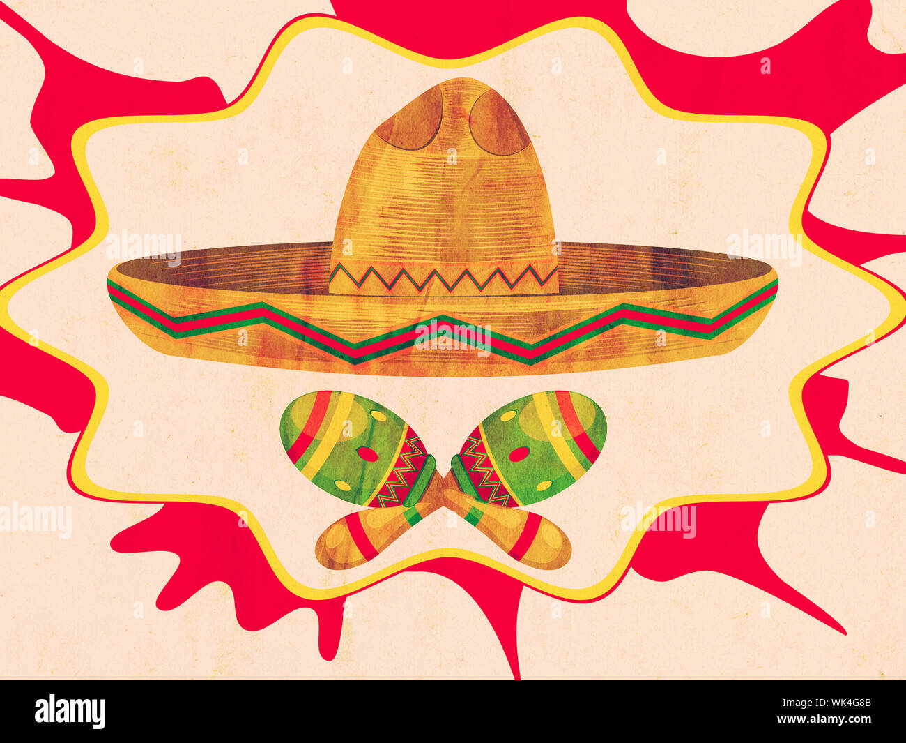 Mexican straw hat sombrero and decorative maracas, paper textured Stock ...