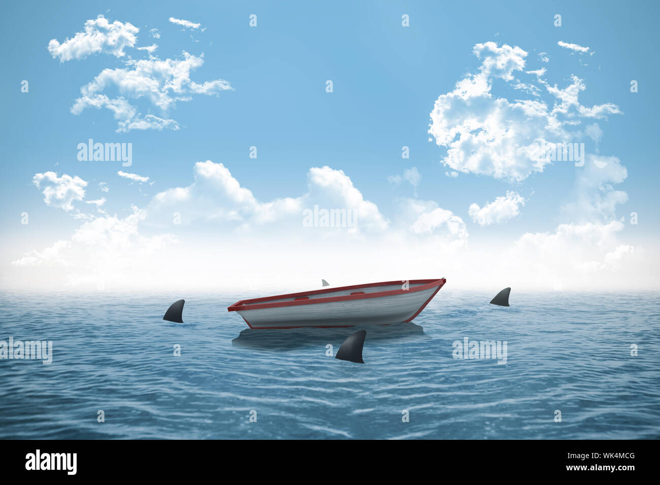 Digitally generated sharks circling small boat in the ocean Stock Photo ...