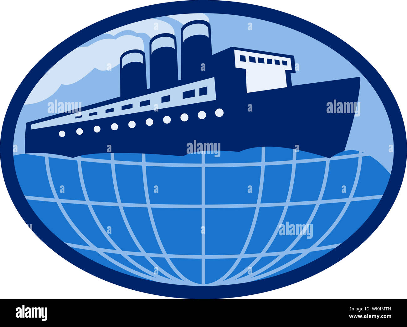 illustration of an Ocean liner boat ship at sea with globe set inside ...