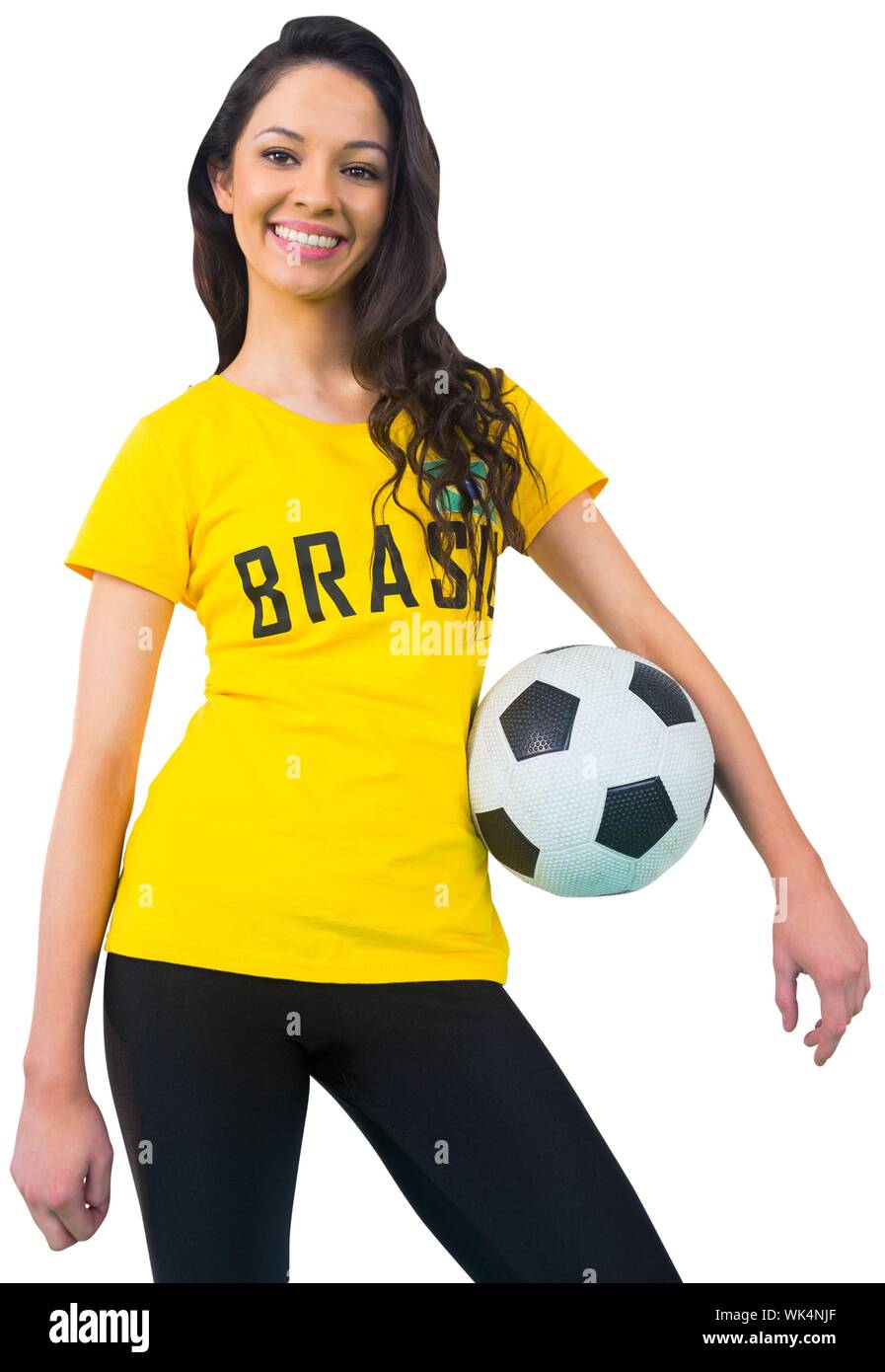 Pretty football fan in brasil tshirt on white background Stock Photo ...