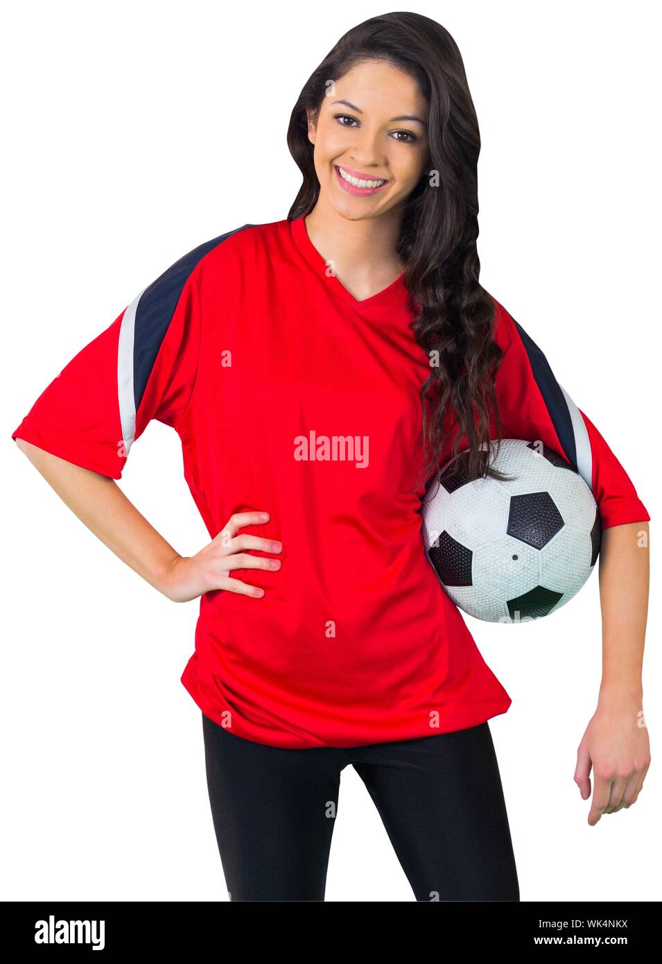 Pretty football fan in red on white background Stock Photo - Alamy