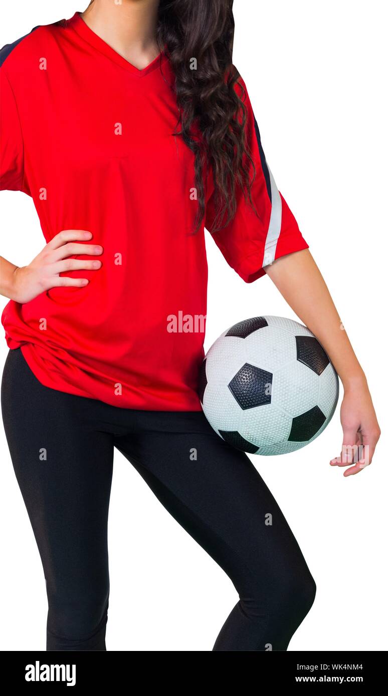 Pretty football fan in red on white background Stock Photo - Alamy