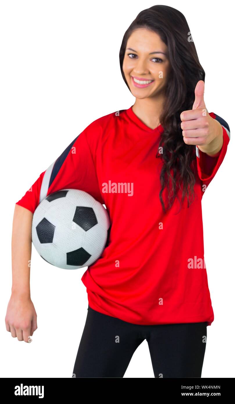 Pretty football fan in red on white background Stock Photo - Alamy