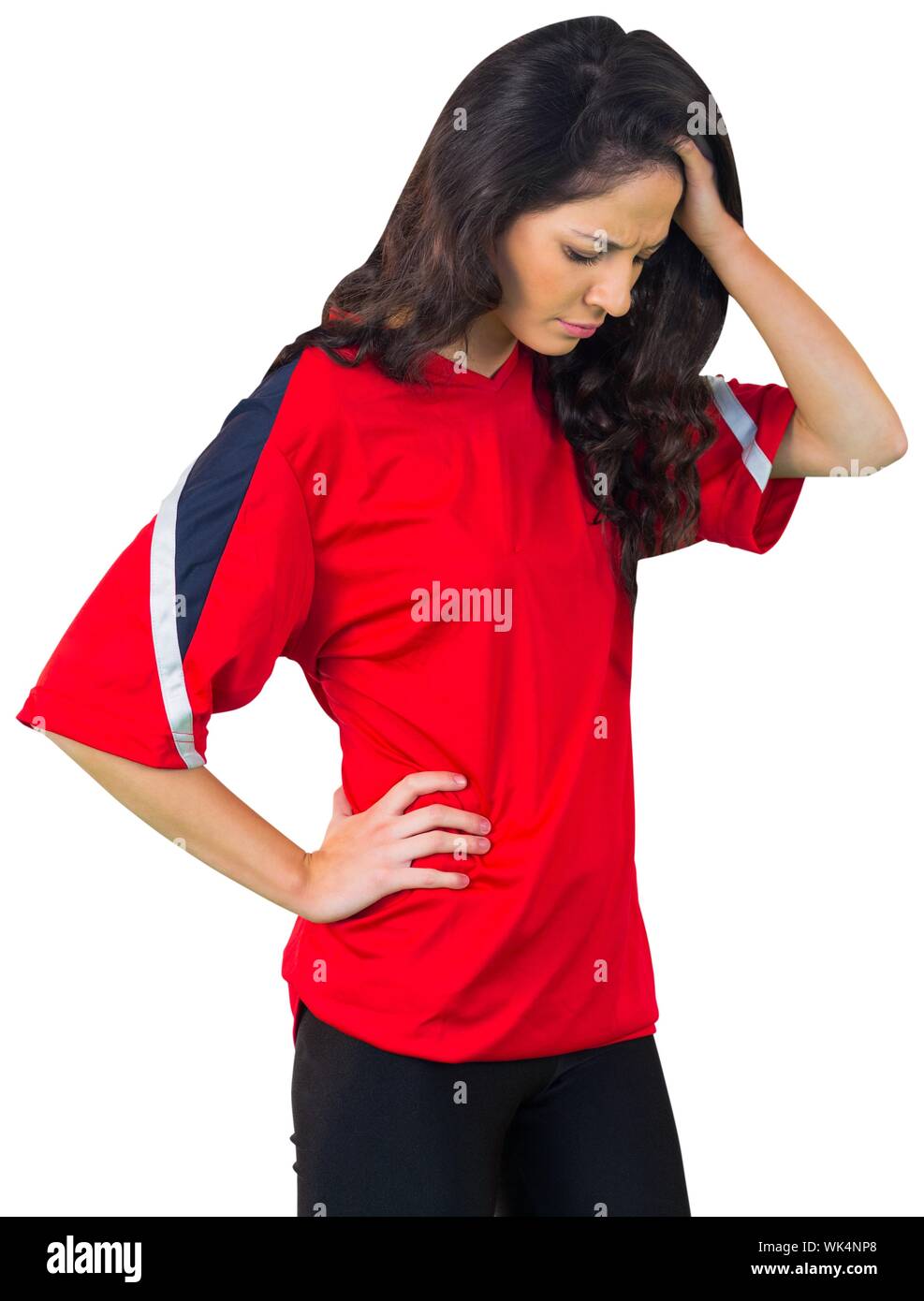 Disappointed football fan in red on white background Stock Photo - Alamy