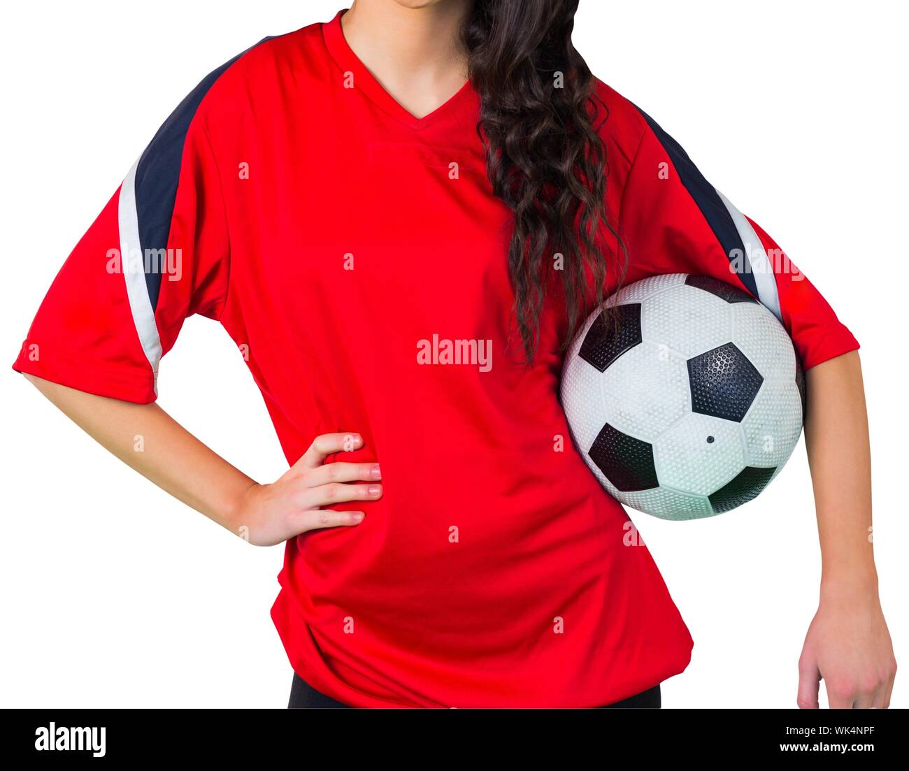 Pretty football fan in red on white background Stock Photo - Alamy