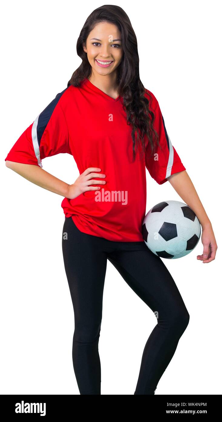 Pretty football fan in red on white background Stock Photo - Alamy