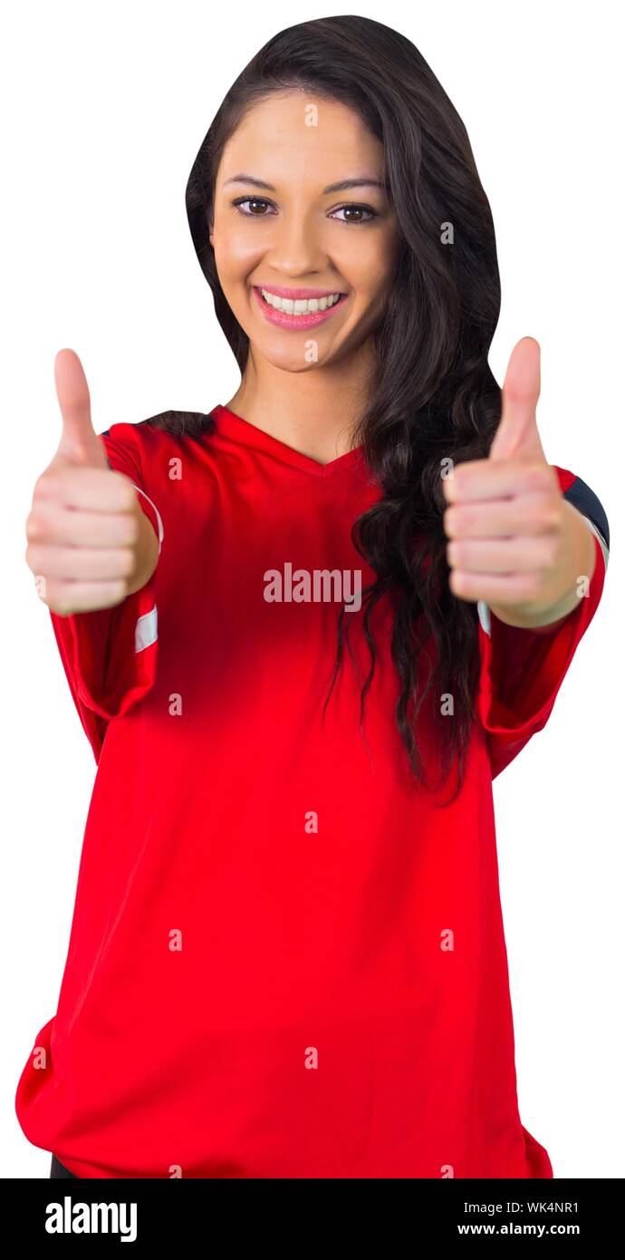 Pretty football fan in red on white background Stock Photo - Alamy