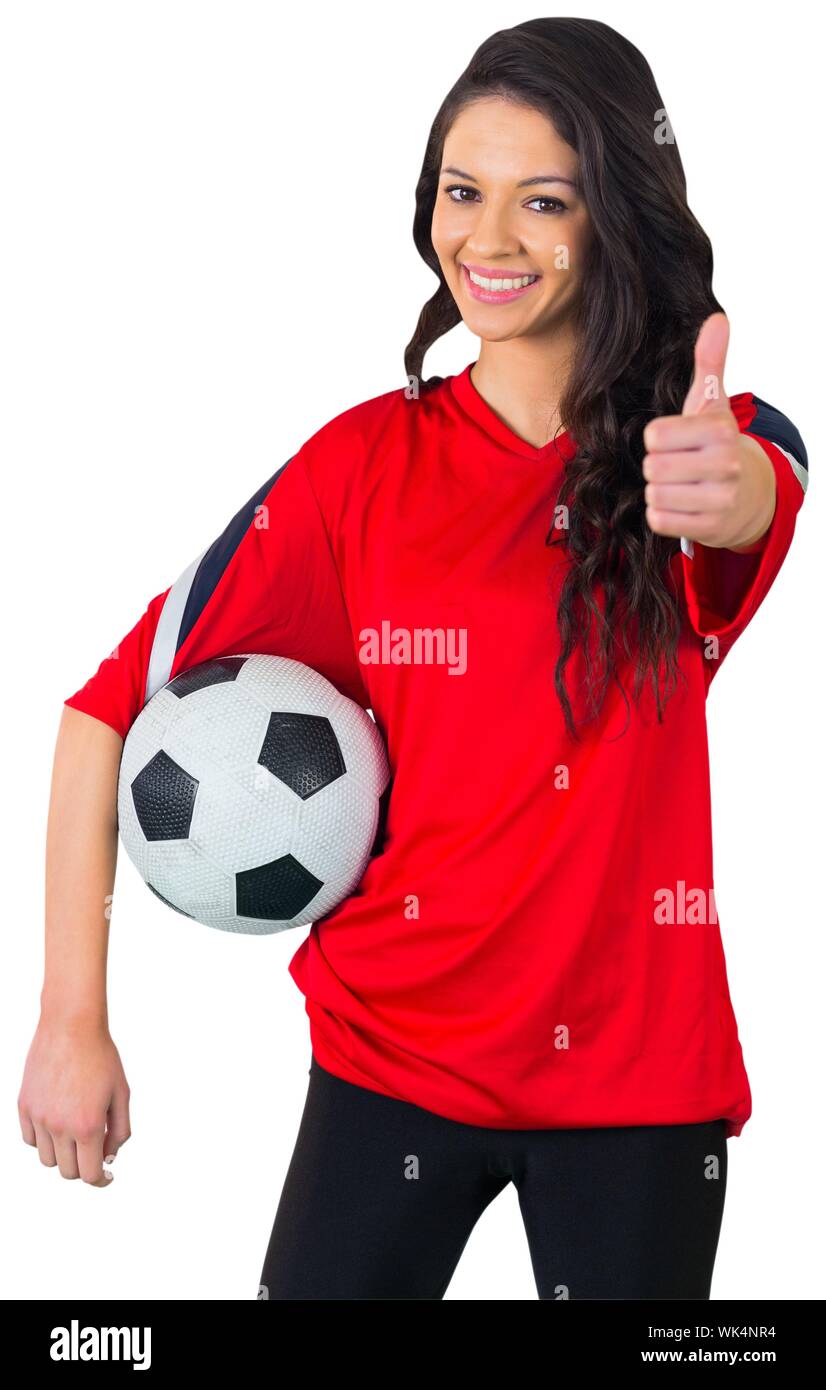Pretty football fan in red on white background Stock Photo - Alamy