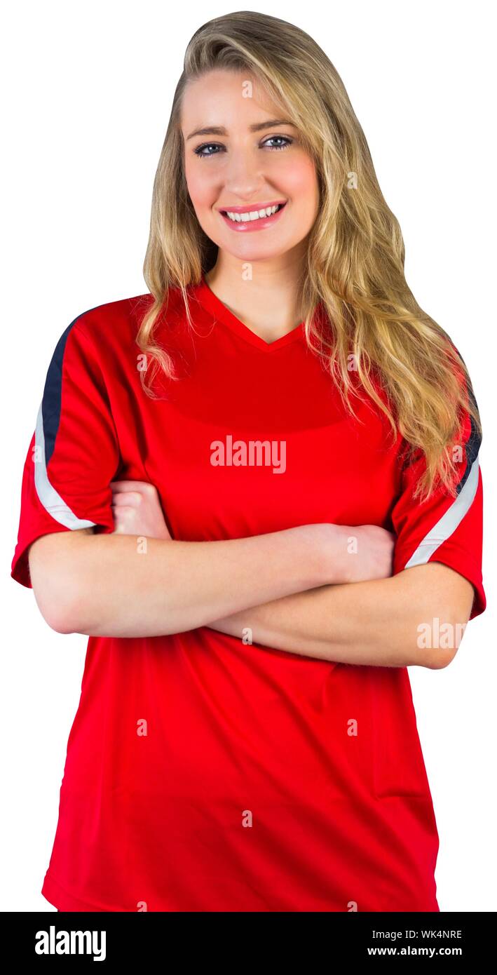 Pretty football fan in red on white background Stock Photo - Alamy