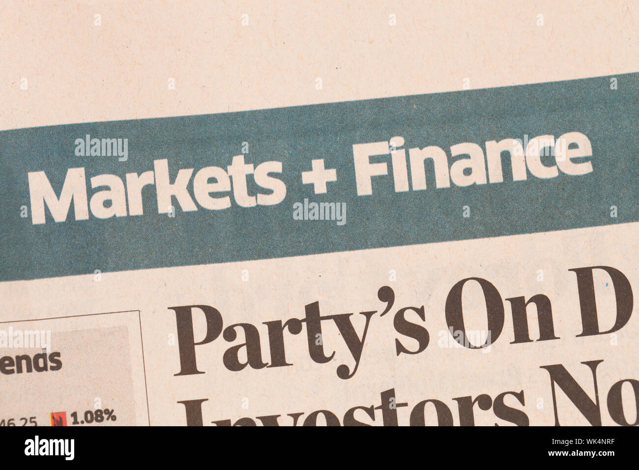 Markets and finance as a newspaper financial page heading Stock Photo ...