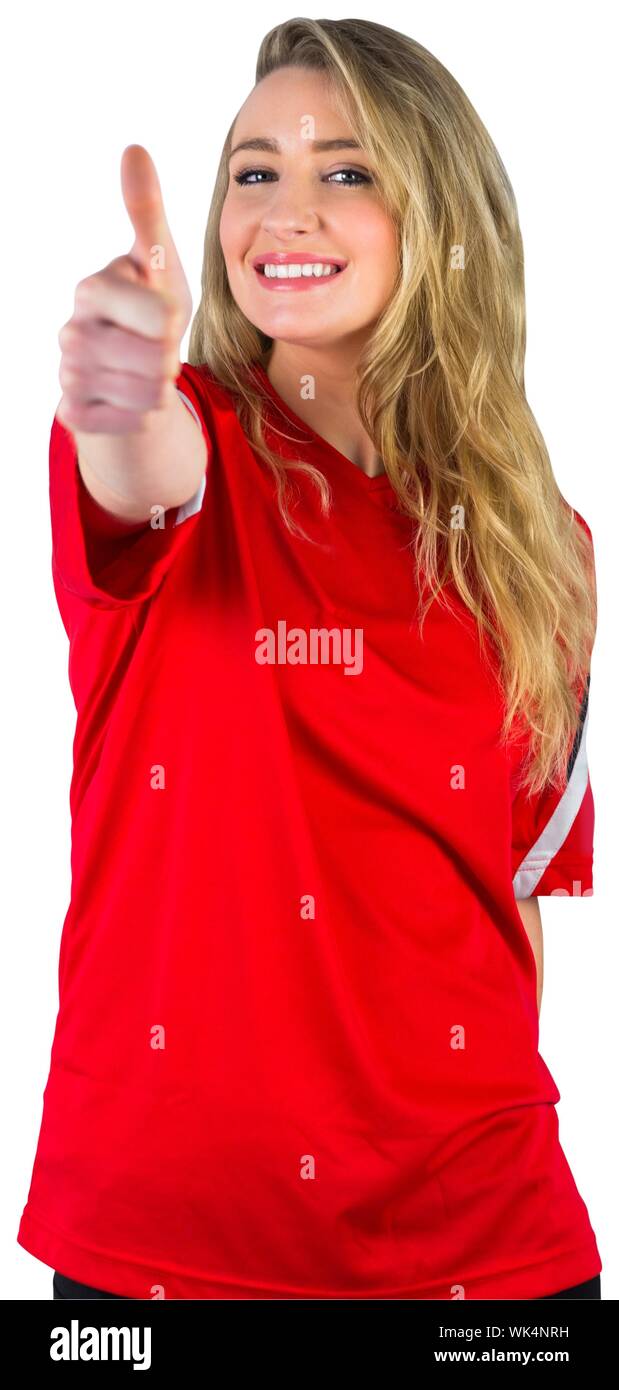 Pretty football fan in red on white background Stock Photo - Alamy