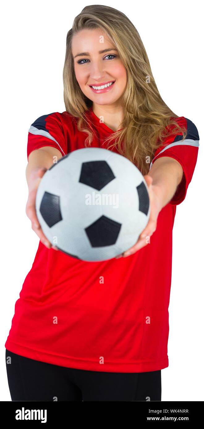 Pretty football fan in red on white background Stock Photo - Alamy