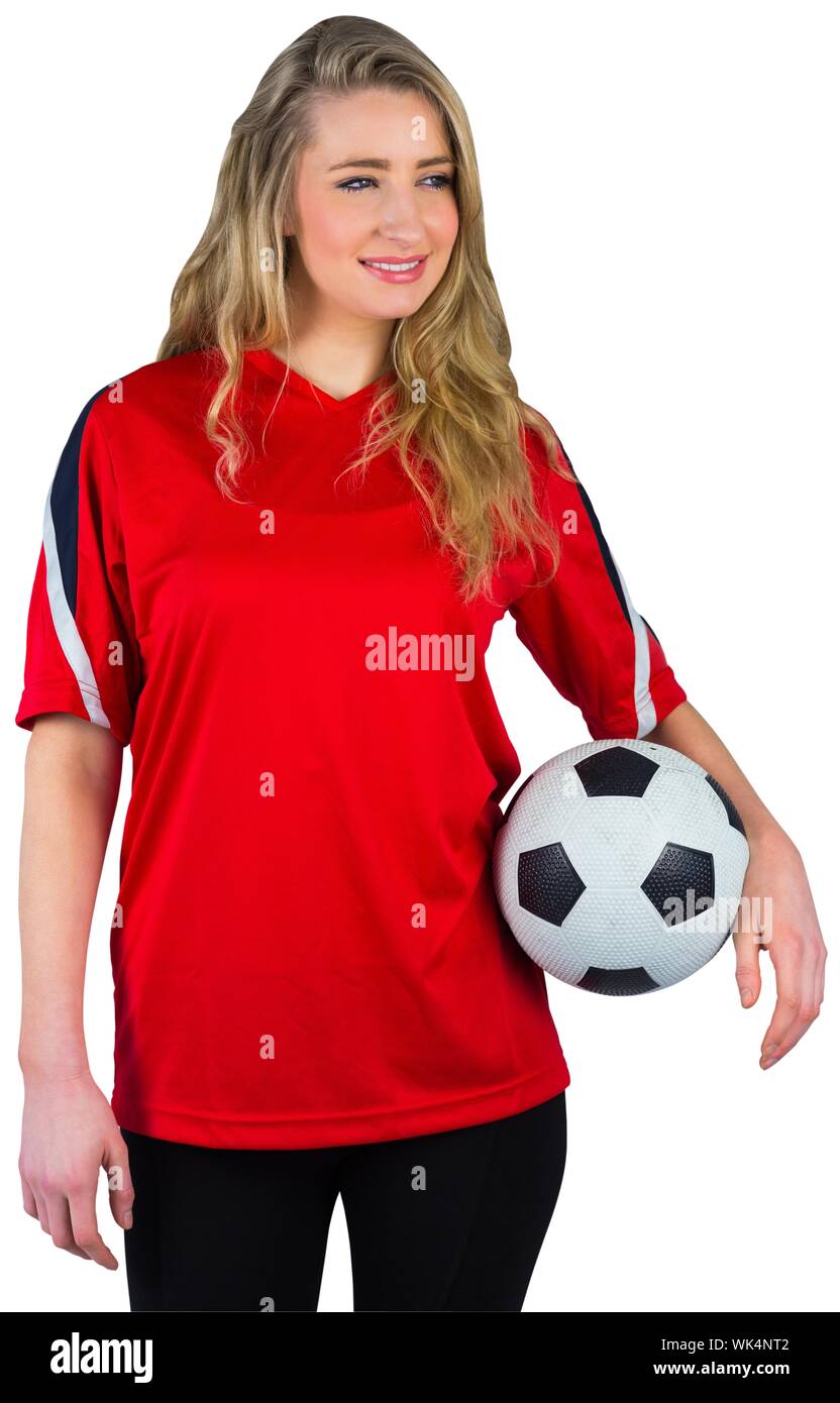 Pretty football fan in red on white background Stock Photo - Alamy