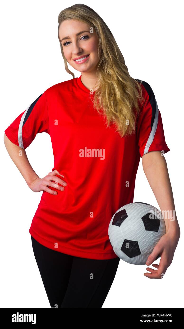 Pretty football fan in red on white background Stock Photo - Alamy