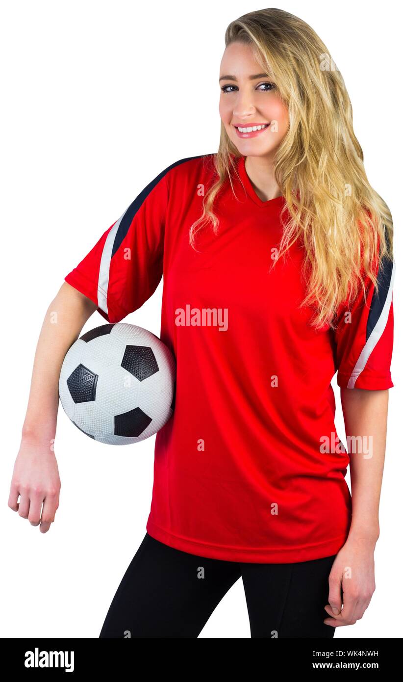 Pretty football fan in red on white background Stock Photo - Alamy