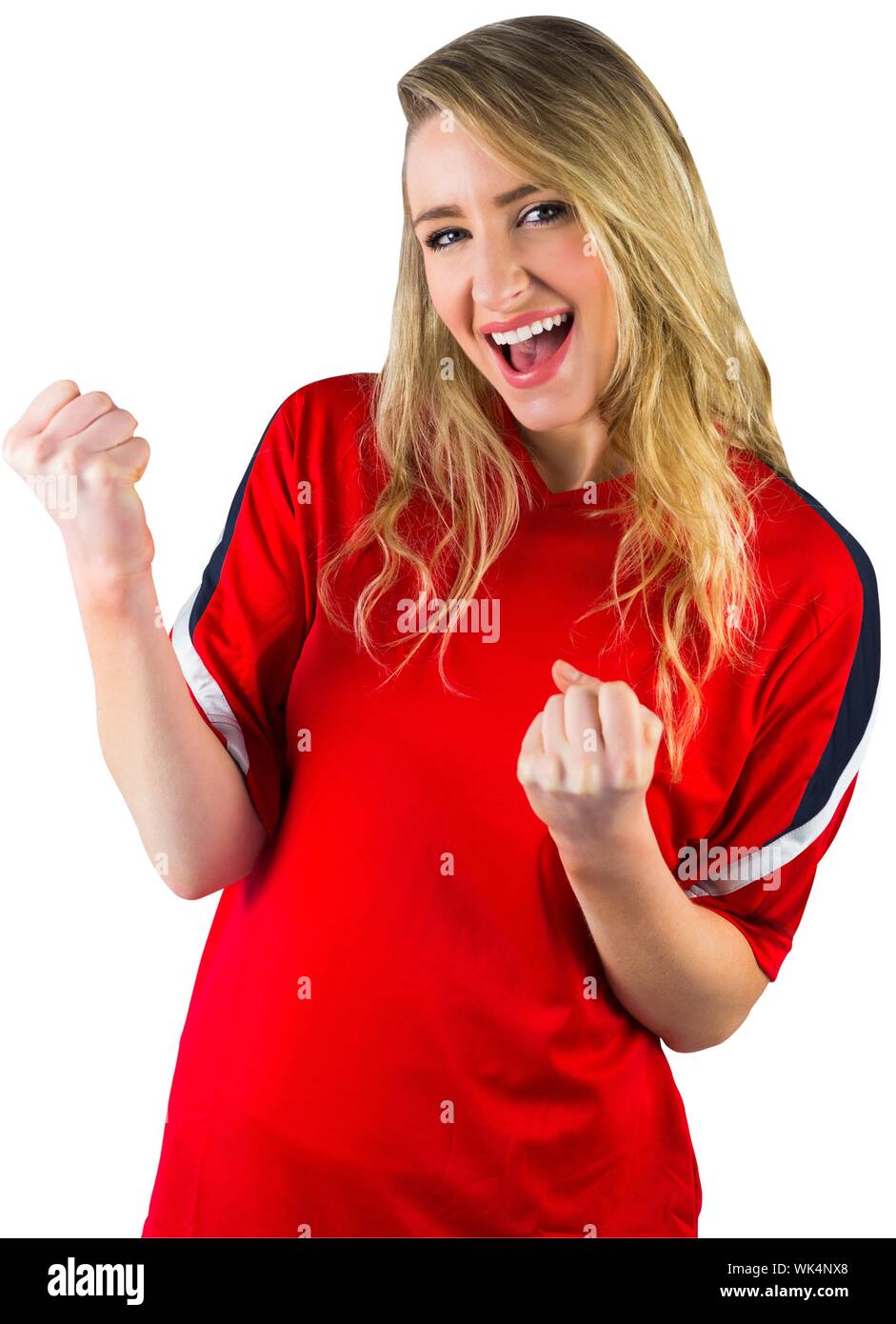 Cheering football fan in red on white background Stock Photo - Alamy