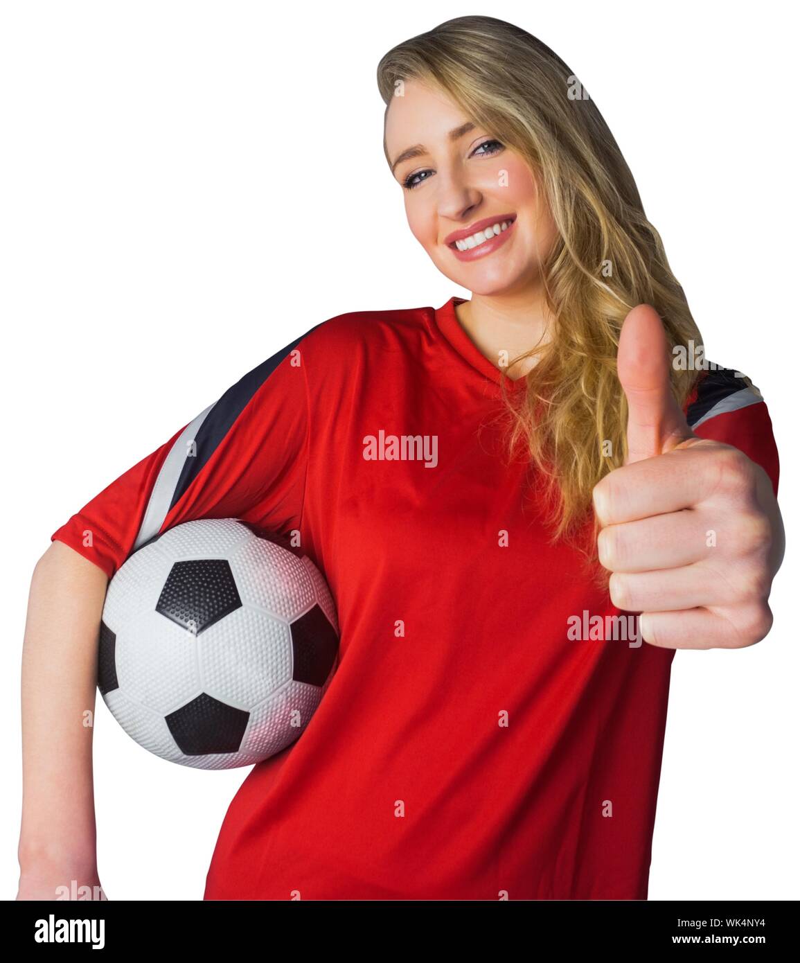 Pretty football fan in red on white background Stock Photo - Alamy