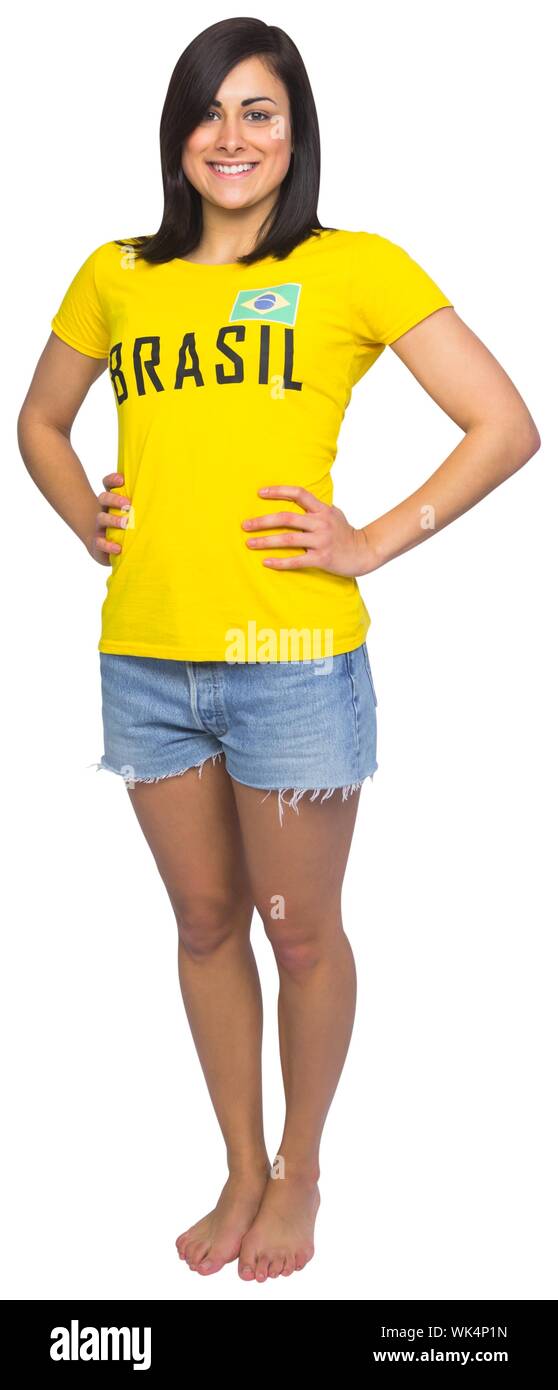 Pretty football fan in brasil tshirt on white background Stock Photo ...