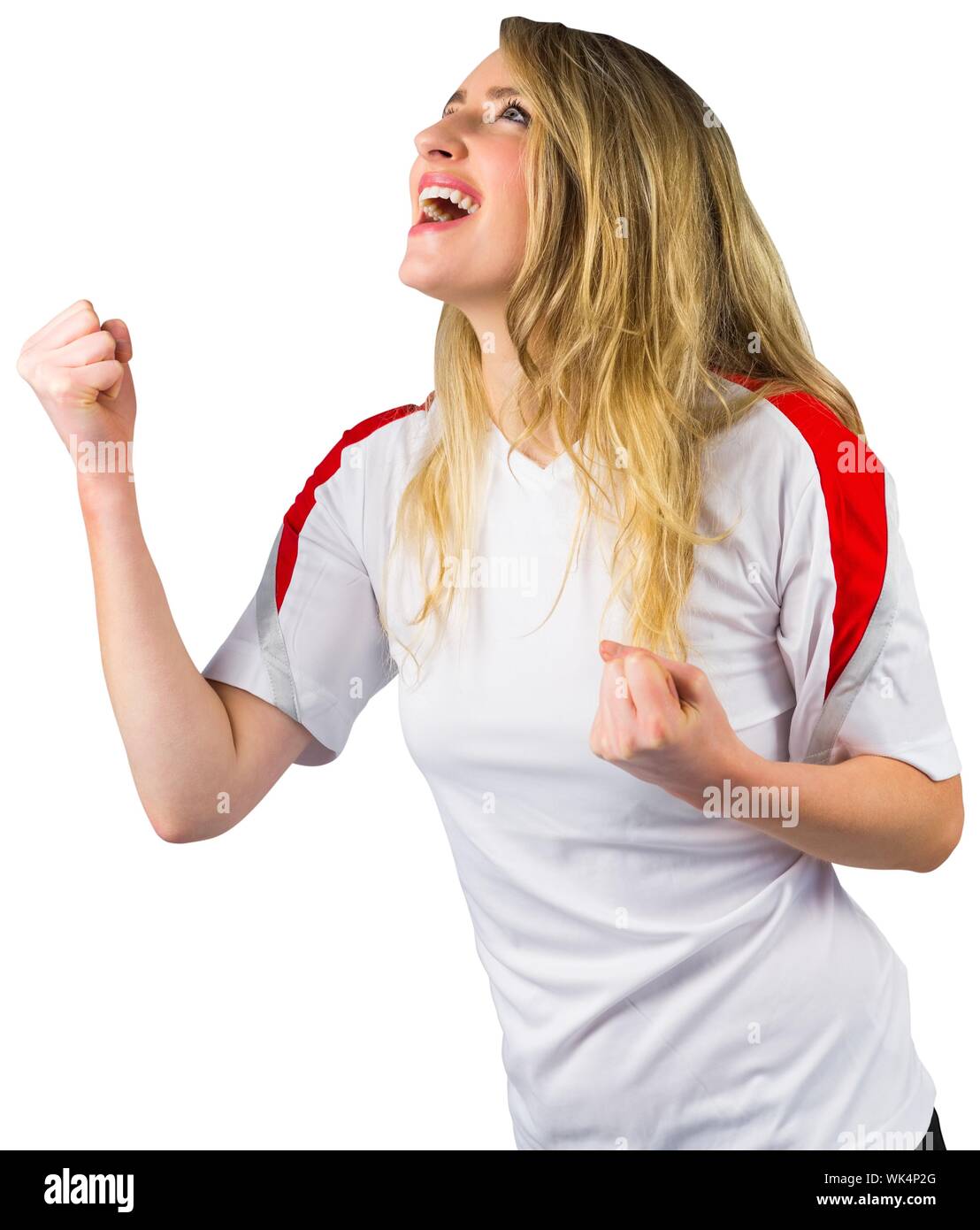 Pretty football fan in white cheering on white background Stock Photo ...