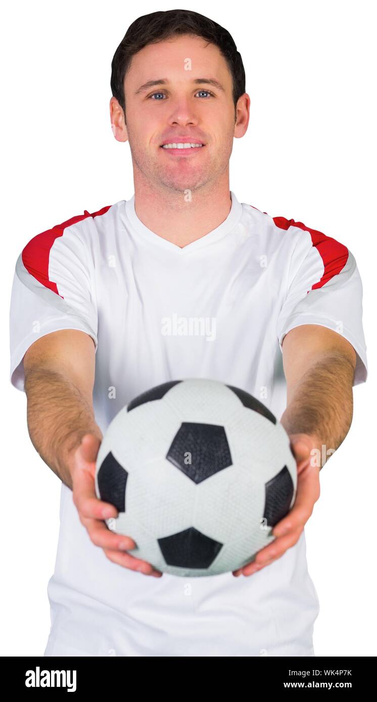 Smiling football fan in white on white background Stock Photo - Alamy