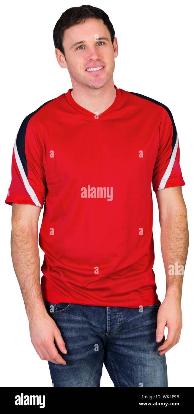 Happy football fan in red on white background Stock Photo - Alamy