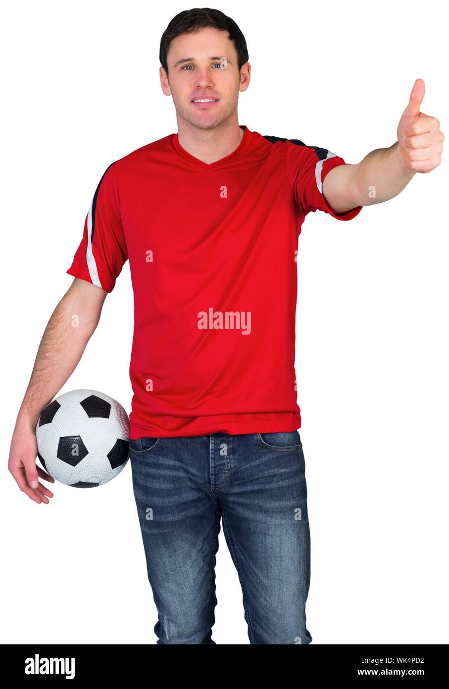 Football fan in red holding ball on white background Stock Photo - Alamy