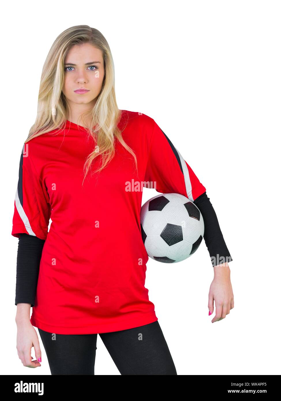 Pretty football fan in red on white background Stock Photo - Alamy