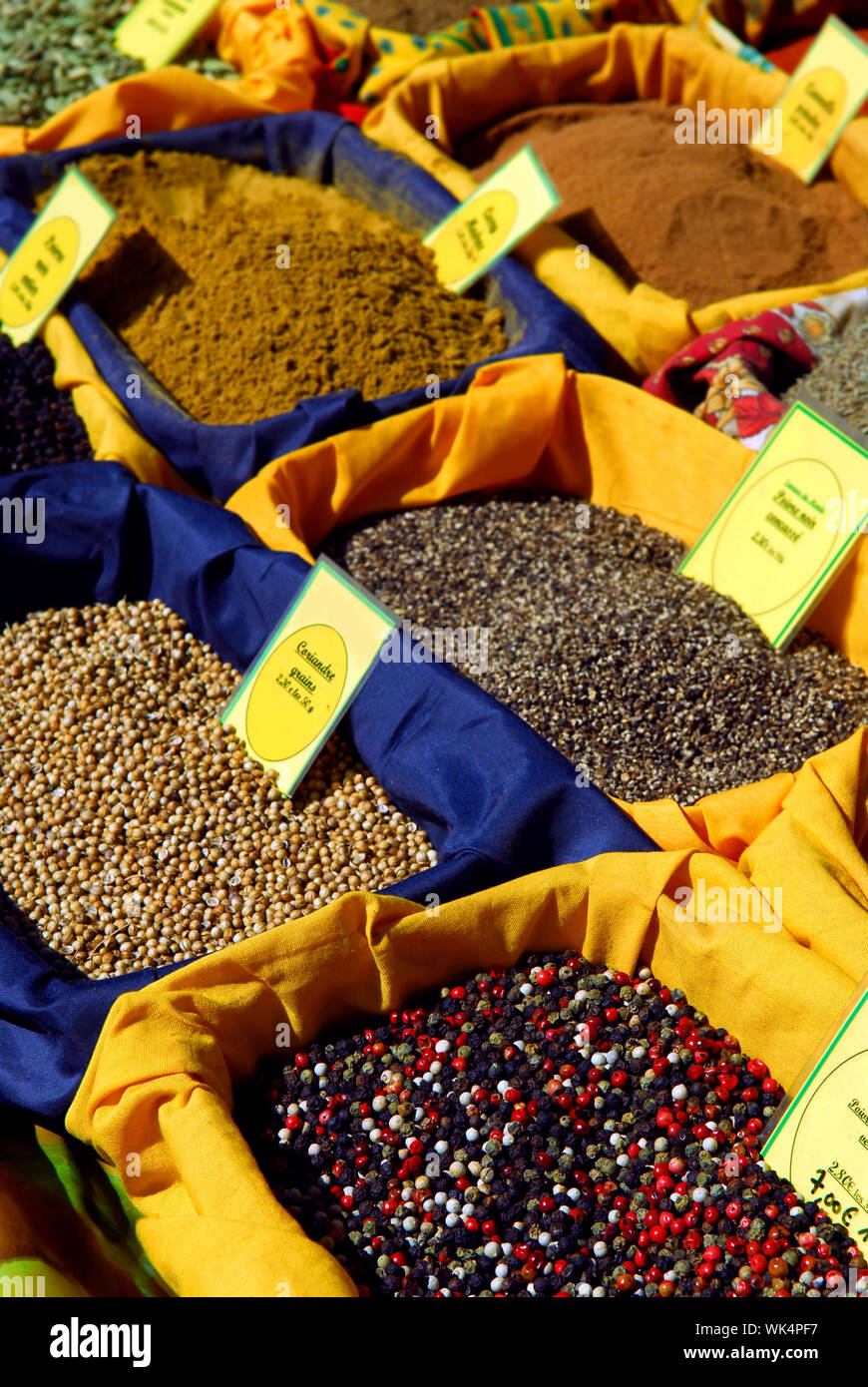Assorted spices for sale on french farmers market in Perigueux, France ...