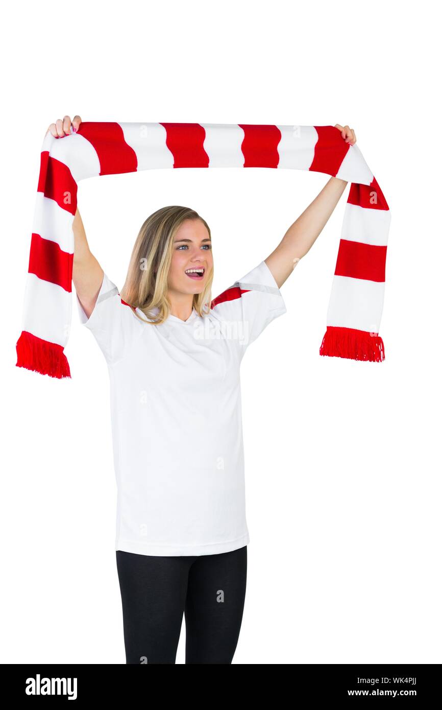 Pretty football fan in white cheering on white background Stock Photo ...