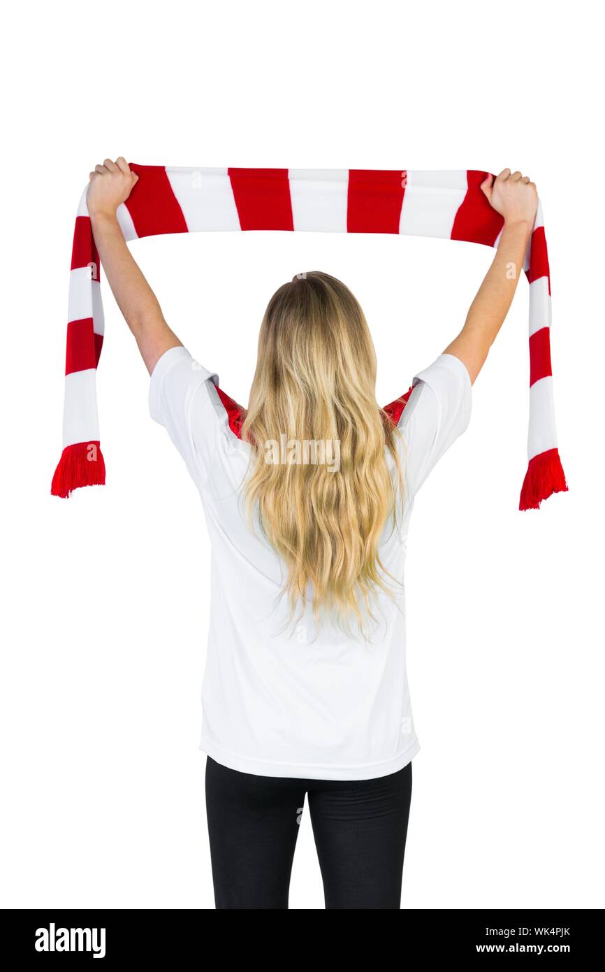 Pretty football fan in white cheering on white background Stock Photo ...
