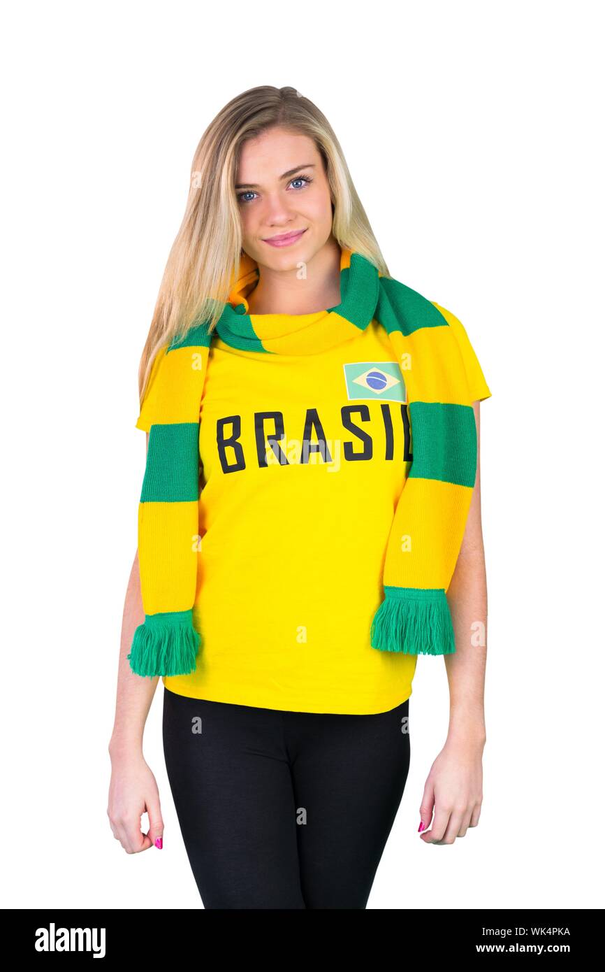 Pretty football fan in brasil tshirt on white background Stock Photo ...