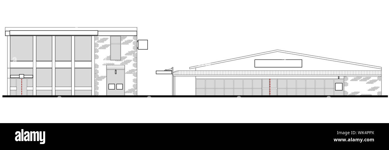 line drawing illustration of a strip mall or shopping center building ...