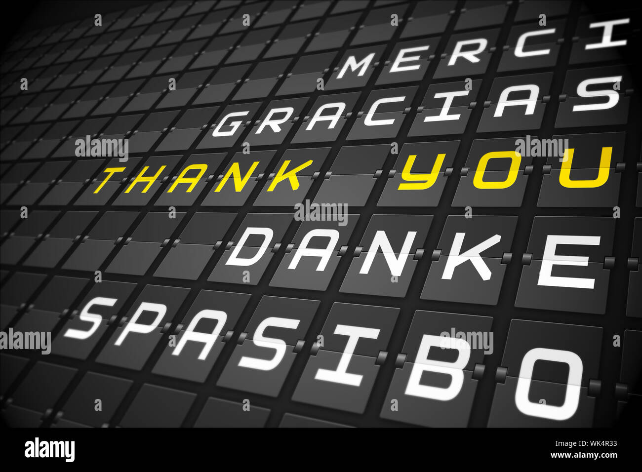Thank you in languages on digitally generated black mechanical board ...