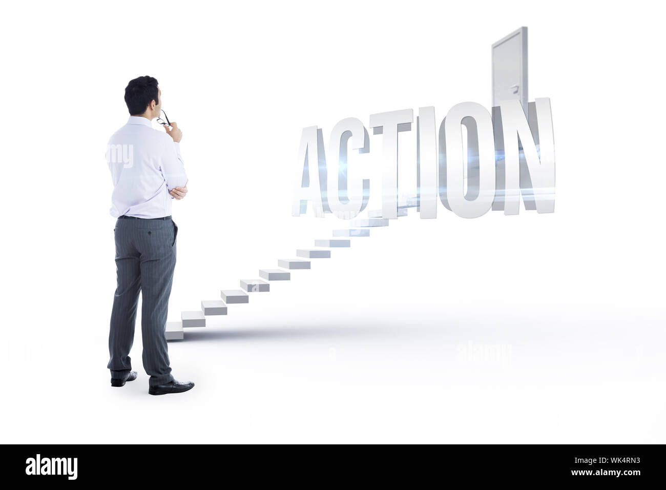 The word action and businessman holding glasses against white steps ...