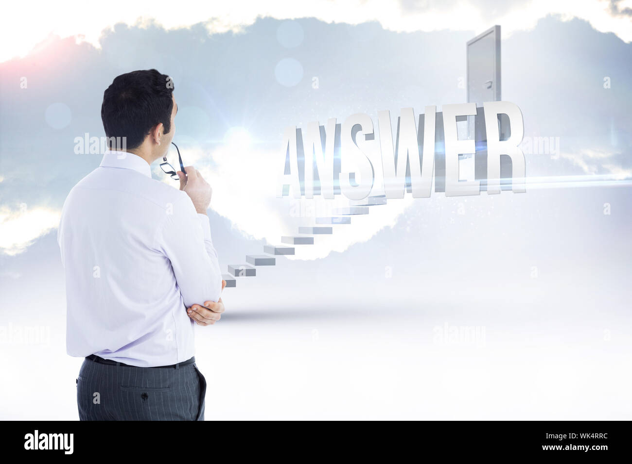 The word answer and businessman holding glasses against white steps ...