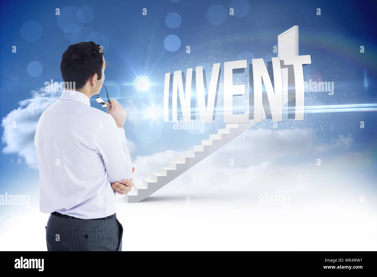 The word invent and businessman holding glasses against steps leading ...