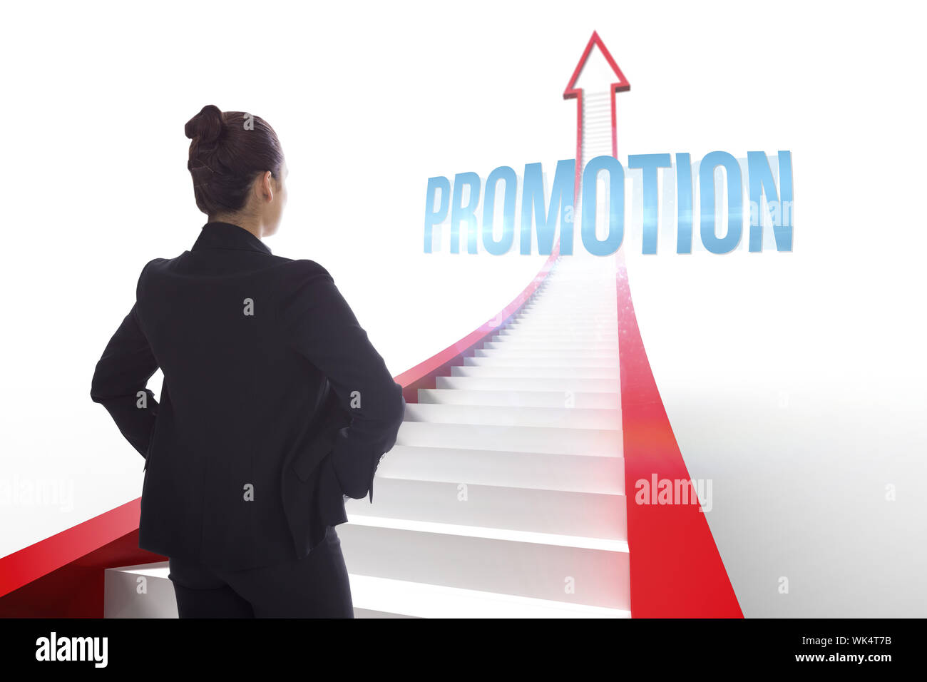 The word promotion and businesswoman with hands on hips against red ...