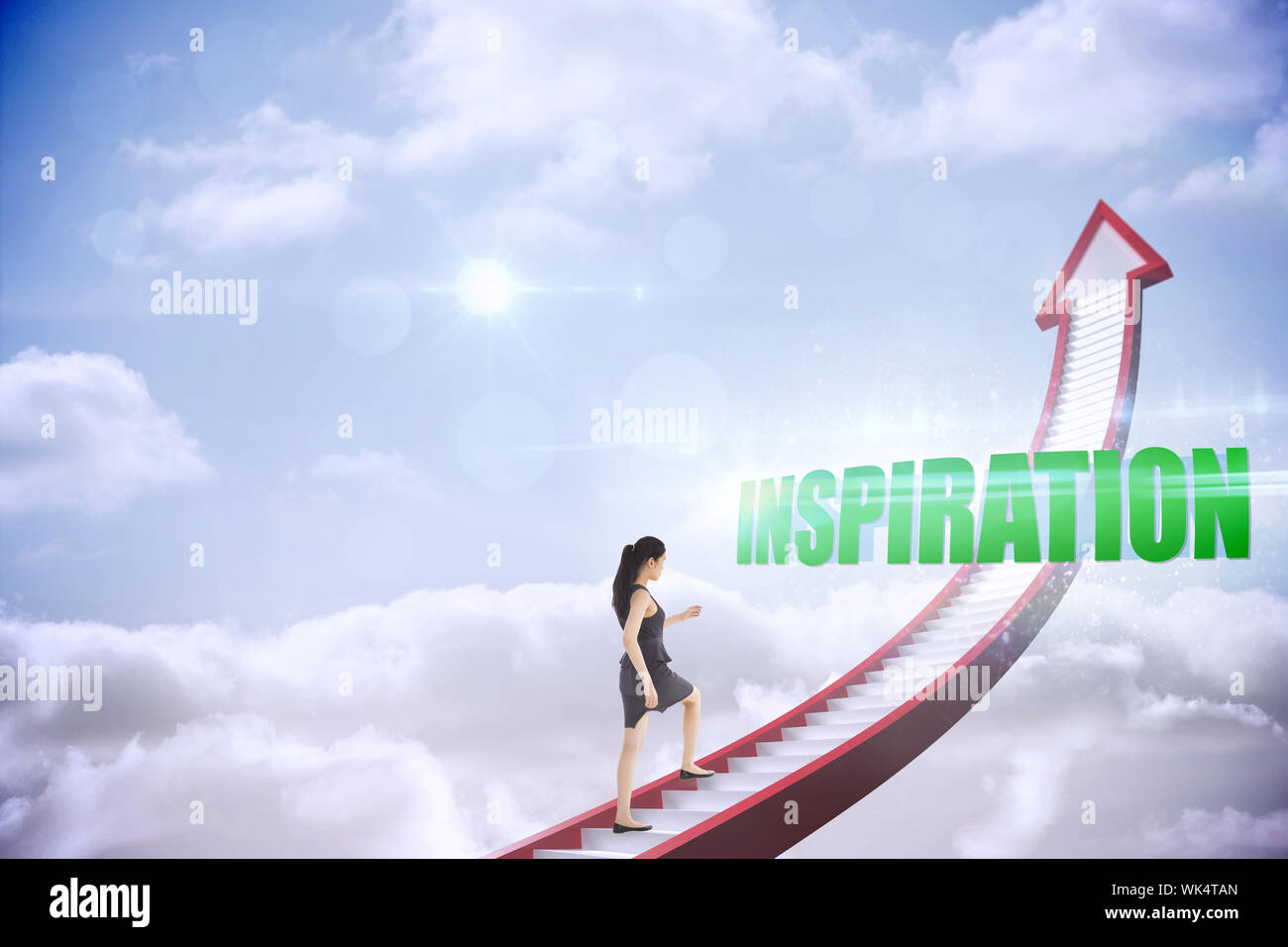 The word inspiration and businesswoman stepping up red stairs arrow ...