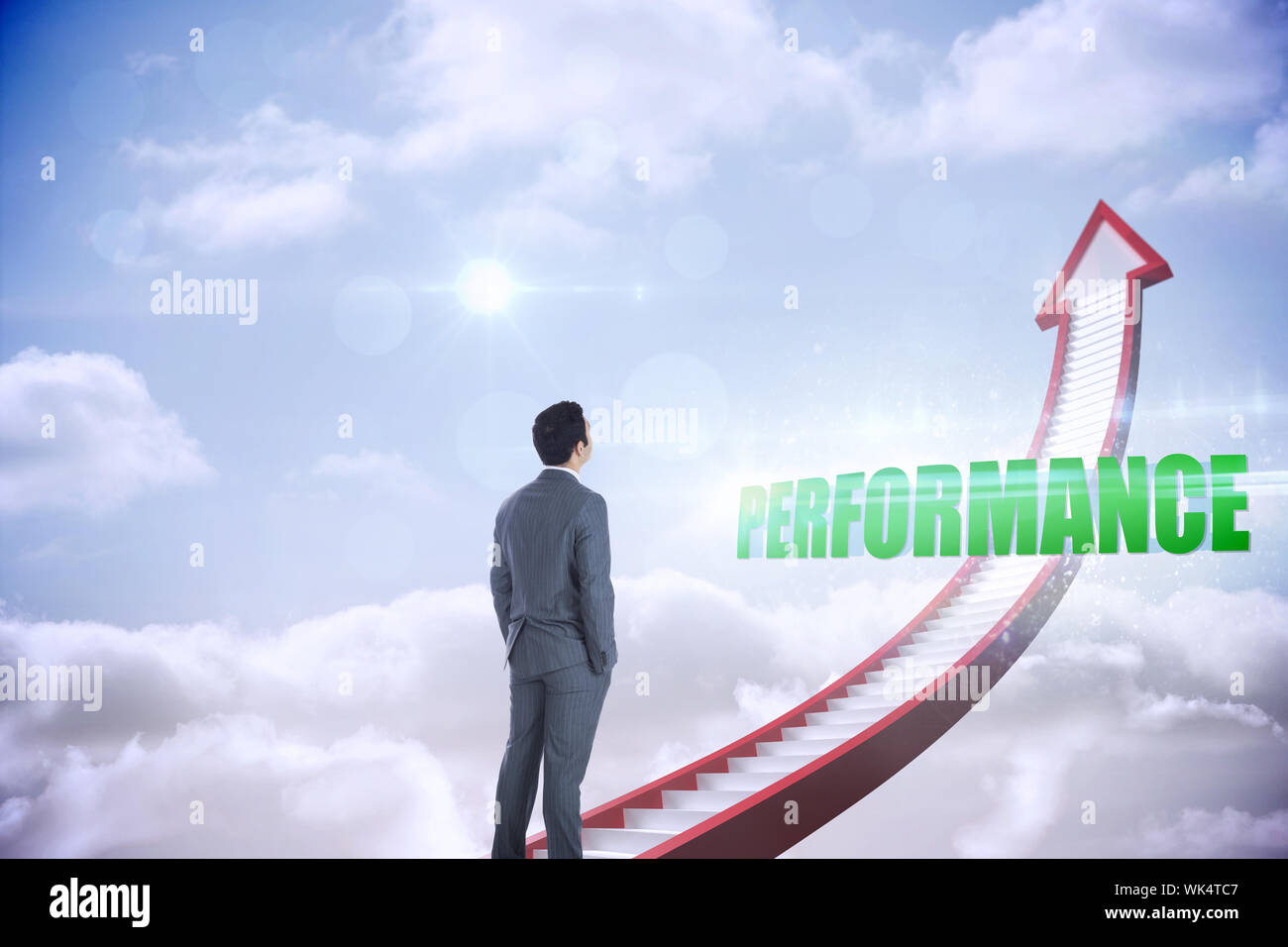 The word performance and businessman standing against red stairs arrow ...