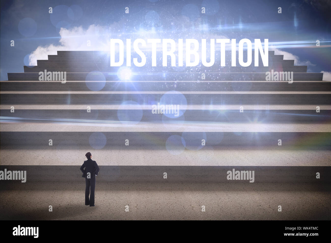 The word distribution and businesswoman with hands on hips against ...
